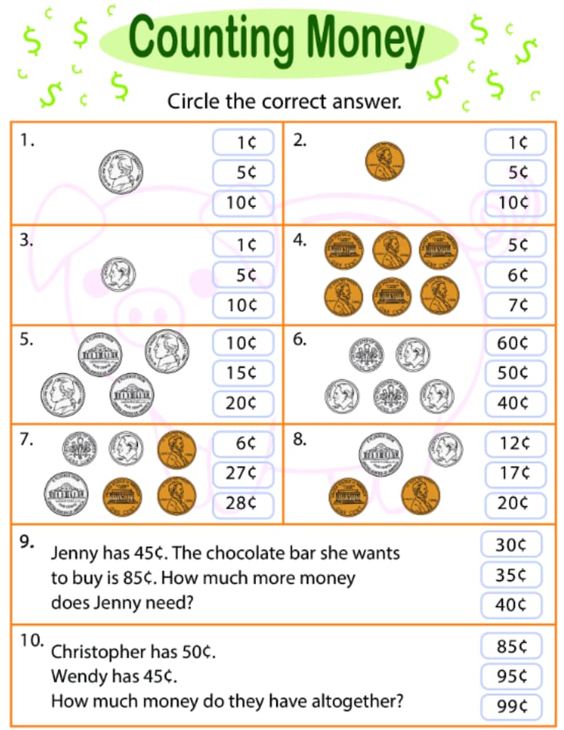 Money Counting Worksheet School Assignment Printable Instant Digital ...