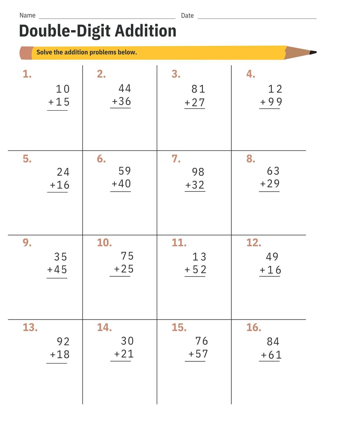 Double-digit Addition Math School Assignment Worksheet Printable ...