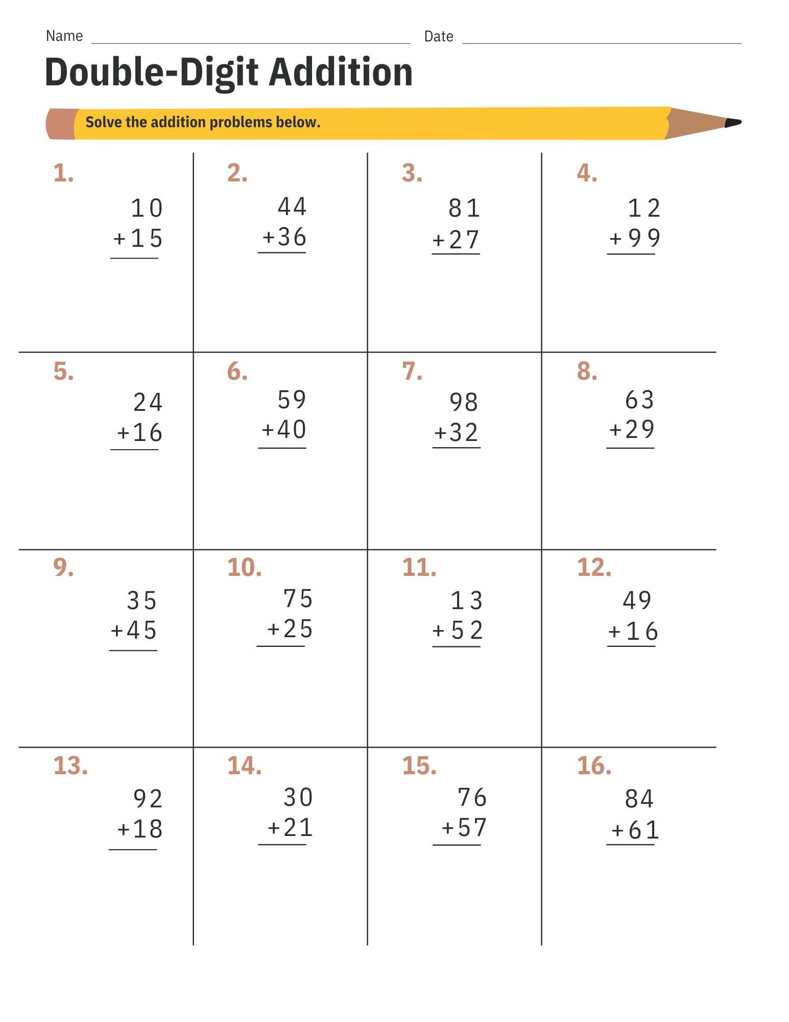 Double-digit Addition Math School Assignment Worksheet Printable ...