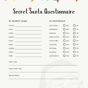 Secret Santa Questionnaire Easy to Print Printable Design Downloadable ...