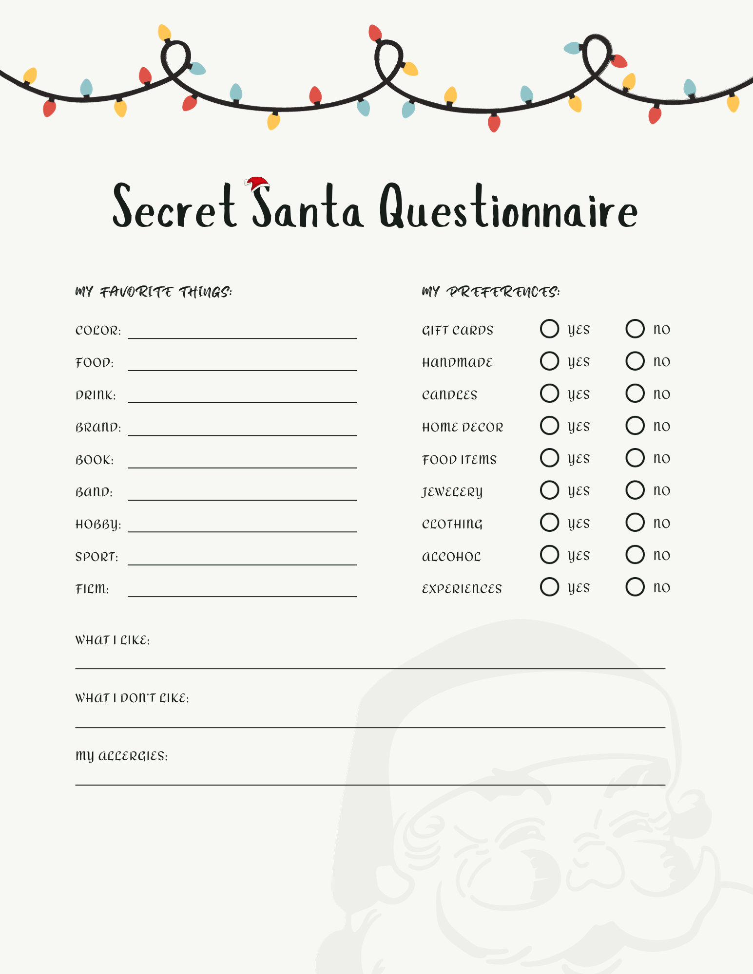 Secret Santa Questionnaire Easy to Print Printable Design - Etsy