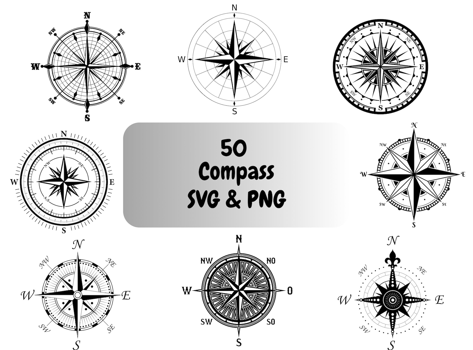 50 Compass Silhouette PNG & SVG Bundle Graphic Digital Download Image ...