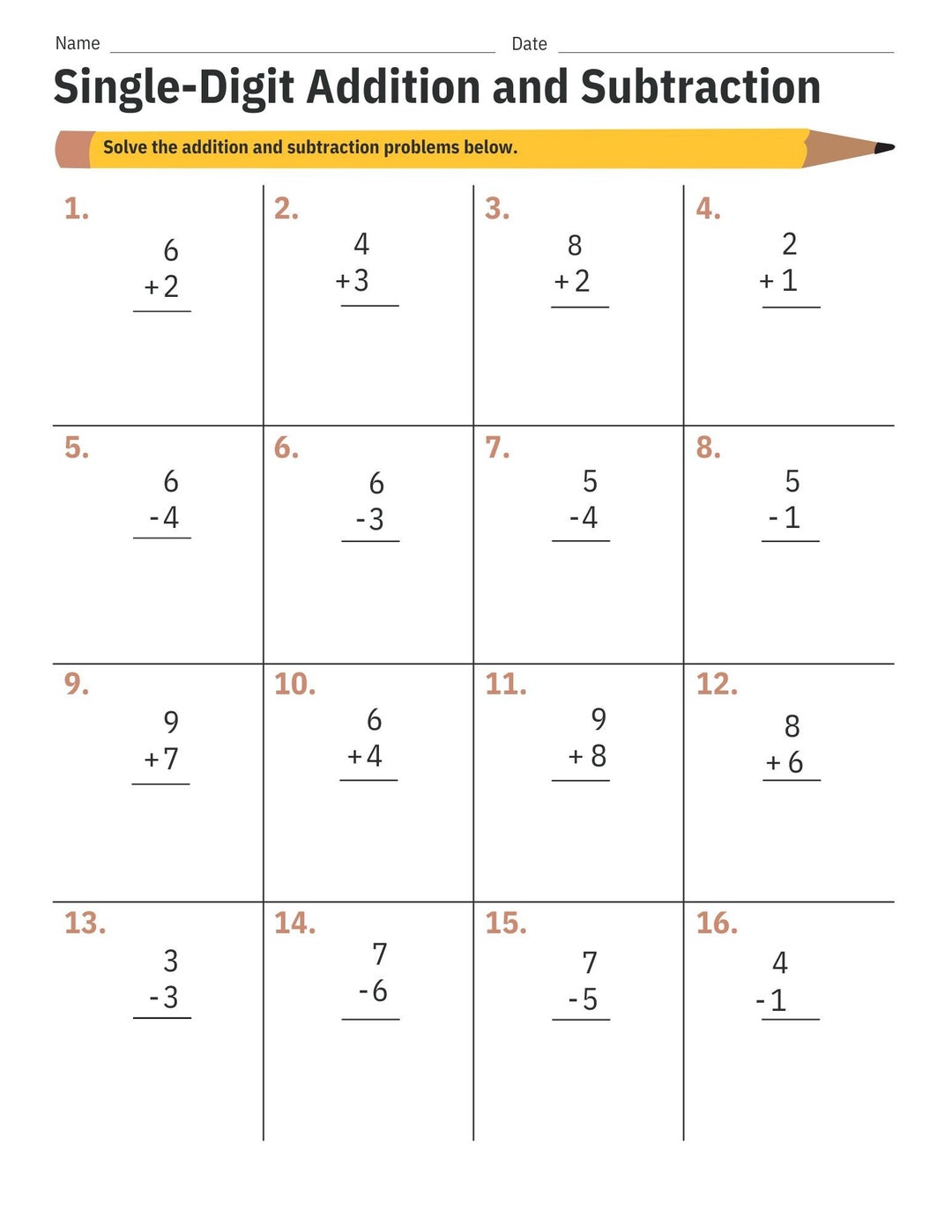 Single-digit Addition and Subtraction Math School Assignment Worksheet ...