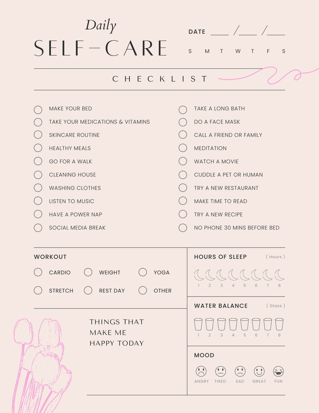 Daily Self-care Checklist Printable Instant Digital Download PDF - Etsy