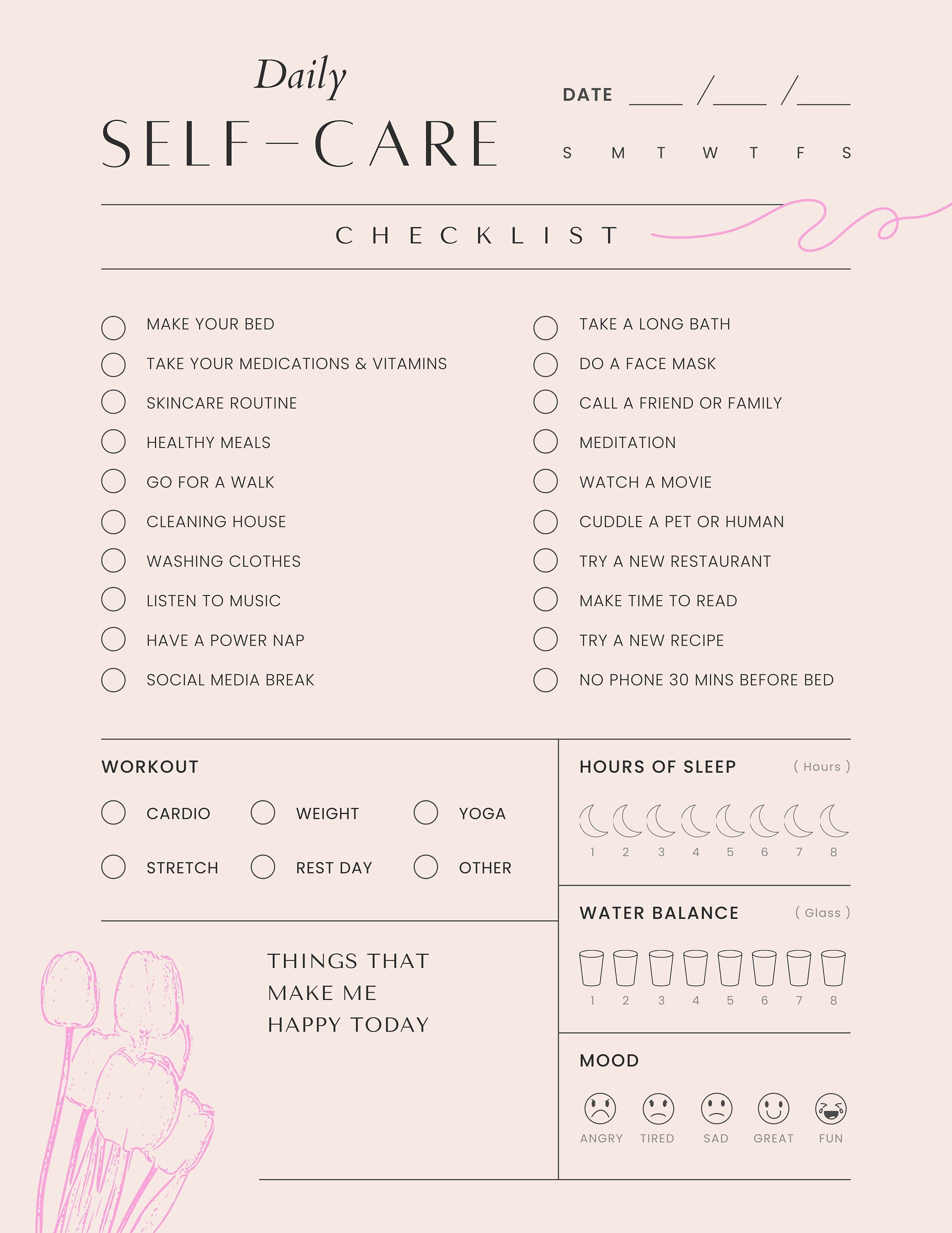 Daily Self-care Checklist Printable Instant Digital Download PDF - Etsy