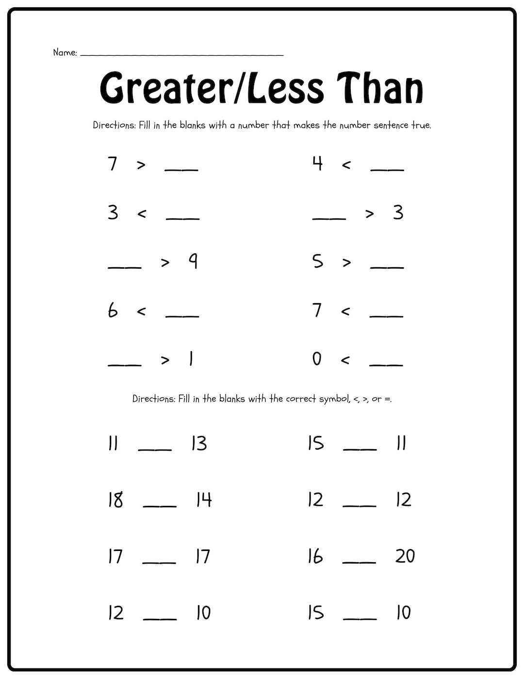 Elementary Math Greater Less Than Printable Instant Digital Download ...
