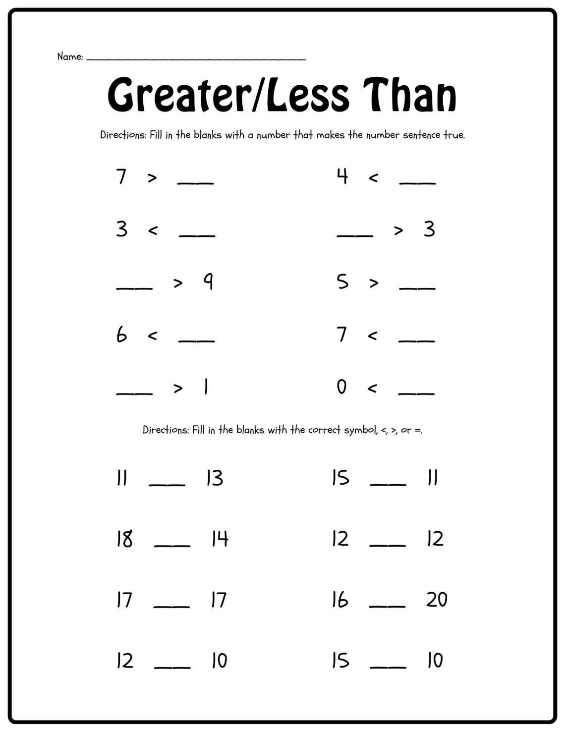 Elementary Math Greater Less Than Printable Instant Digital Download ...