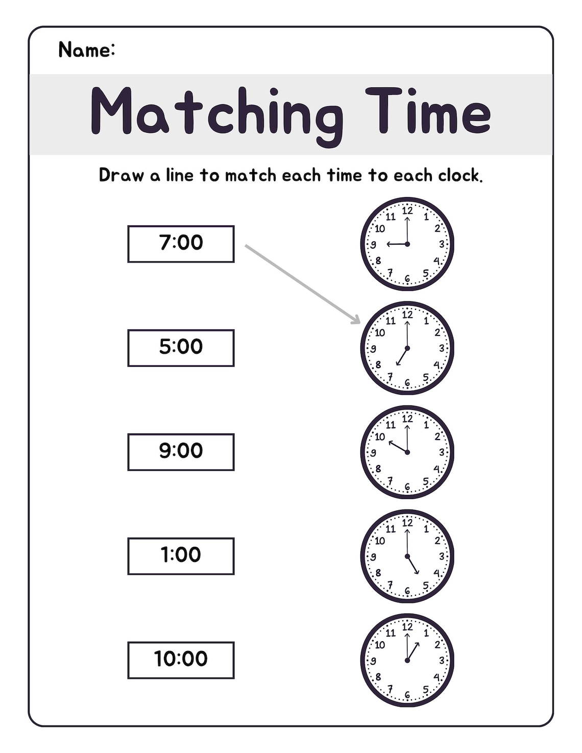Matching Time Clock School Assignment Printable Instant Digital ...