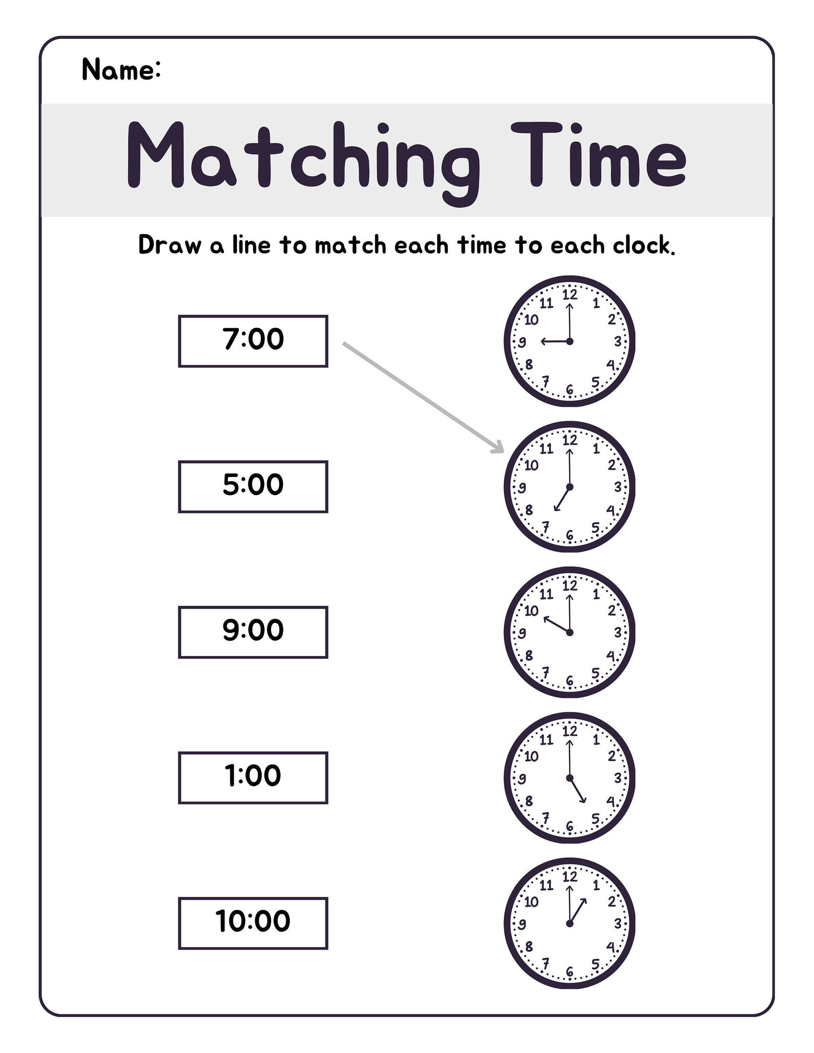 Matching Time Clock School Assignment Printable Instant Digital ...