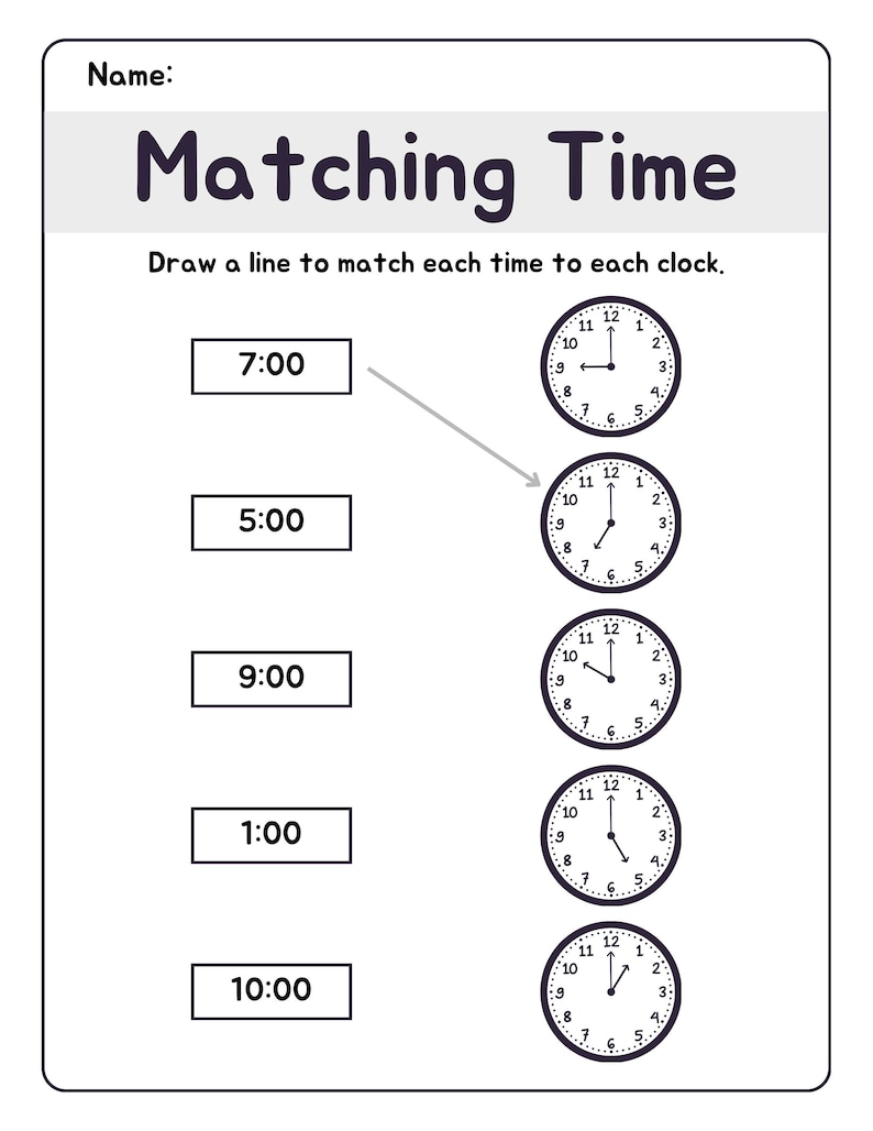 Matching Time Clock School Assignment Printable Instant Digital ...