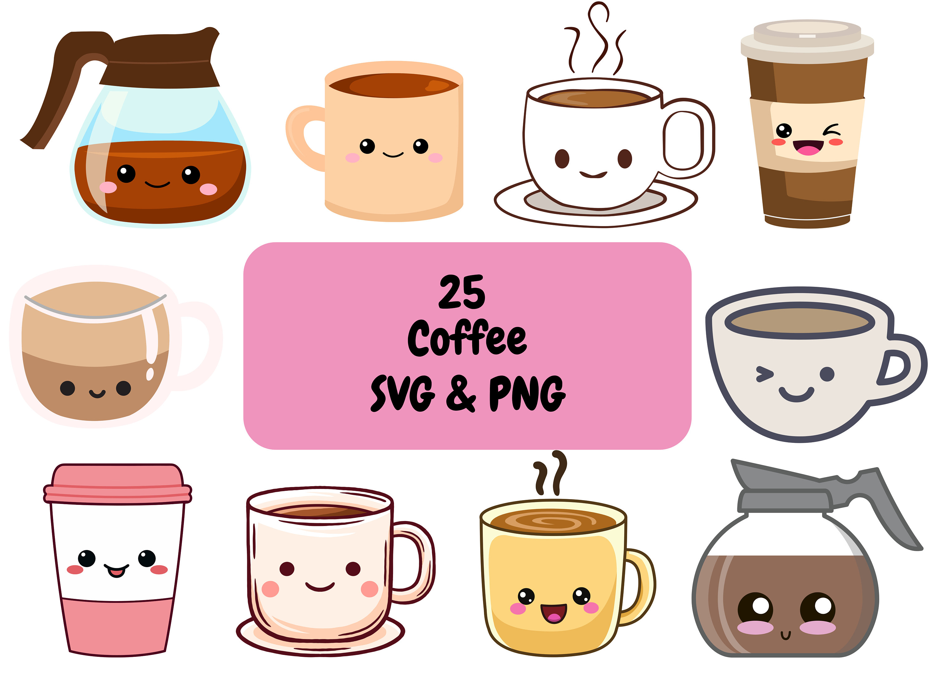 25 Cute Coffee Kawaii PNG & SVG Bundle Graphic Digital Download Image ...
