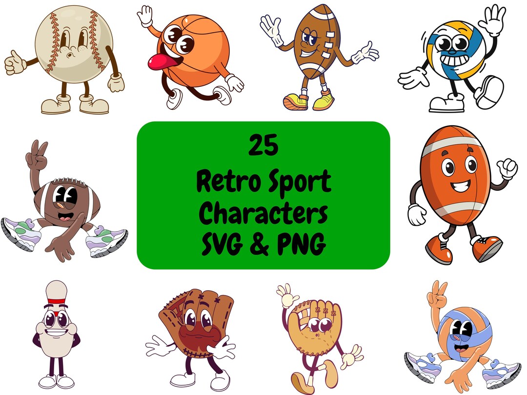 25 Retro Sports Characters Mascot PNG & SVG Bundle Graphic Digital ...
