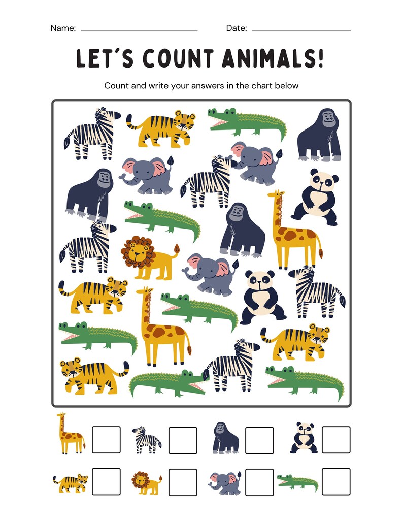 Animal Counting School Assignment Printable Instant Digital Download ...