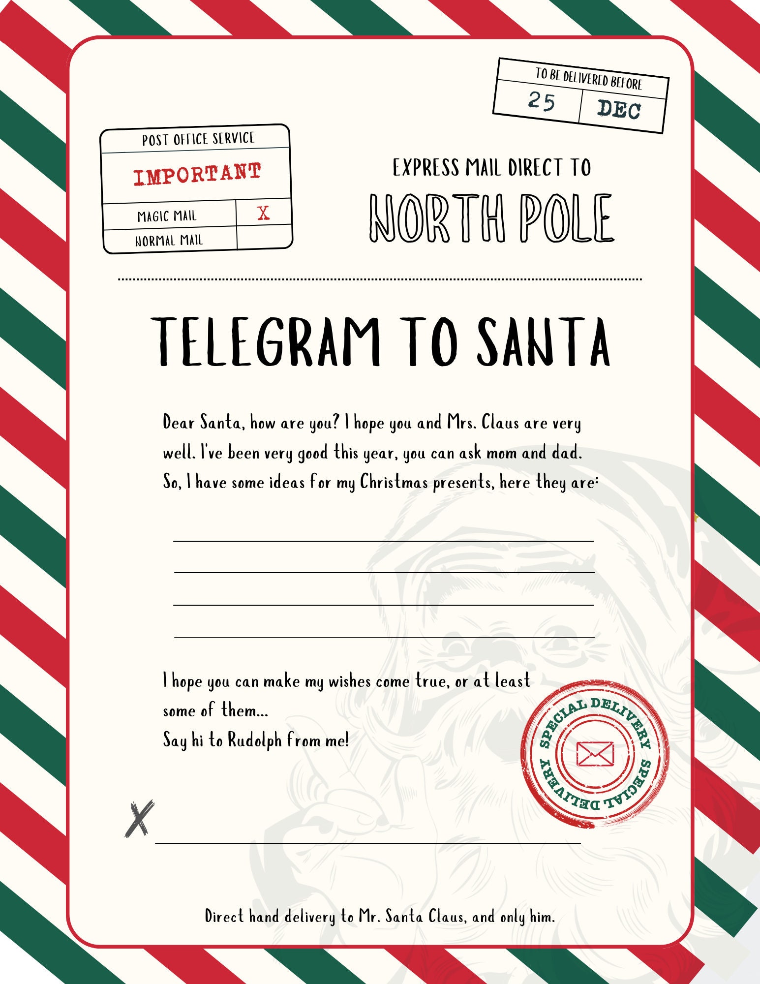 Kids Letter to Santa Claus Printable Digital Download Template Design ...