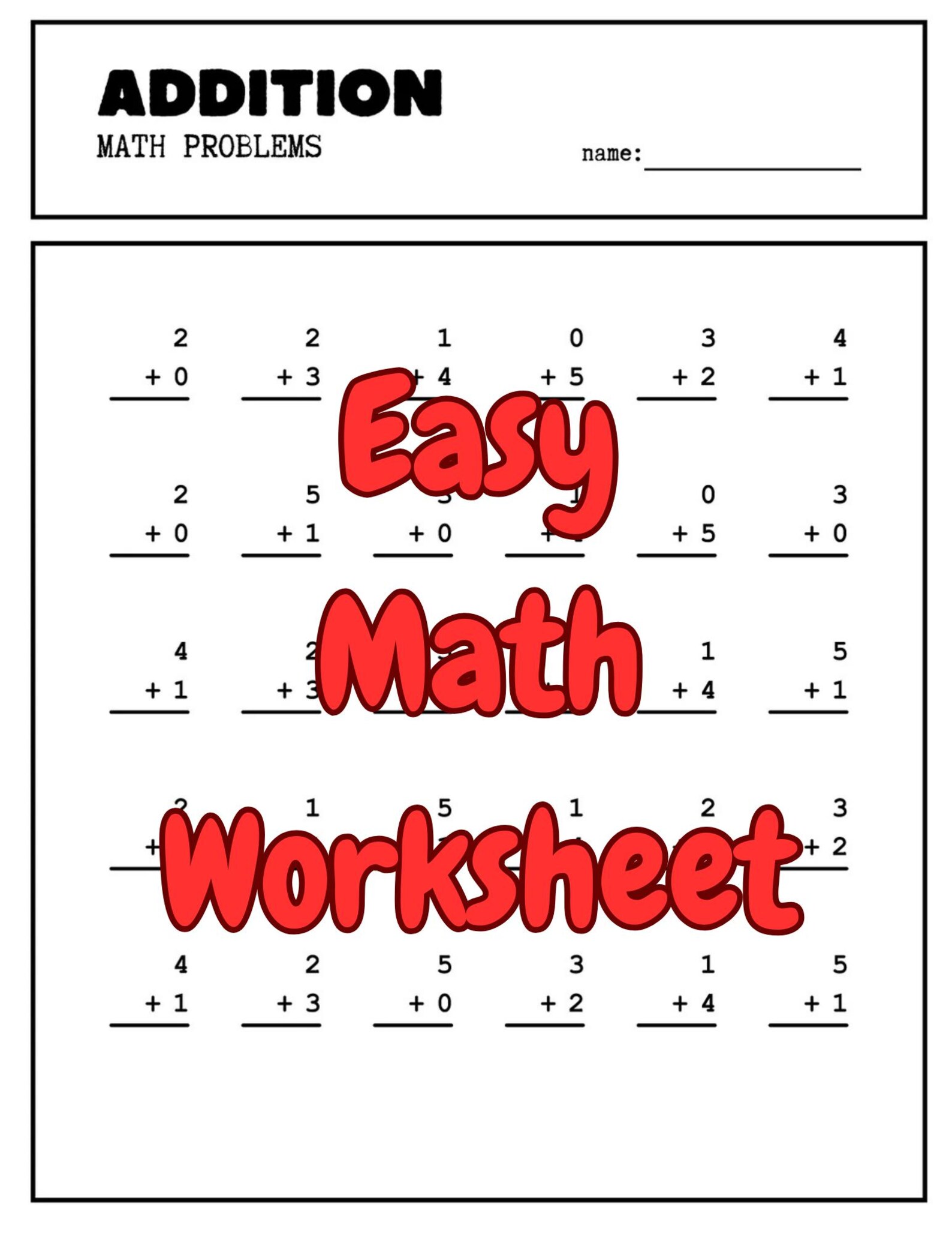 Easy Addition Math School Assignment Printable Instant Digital Download ...