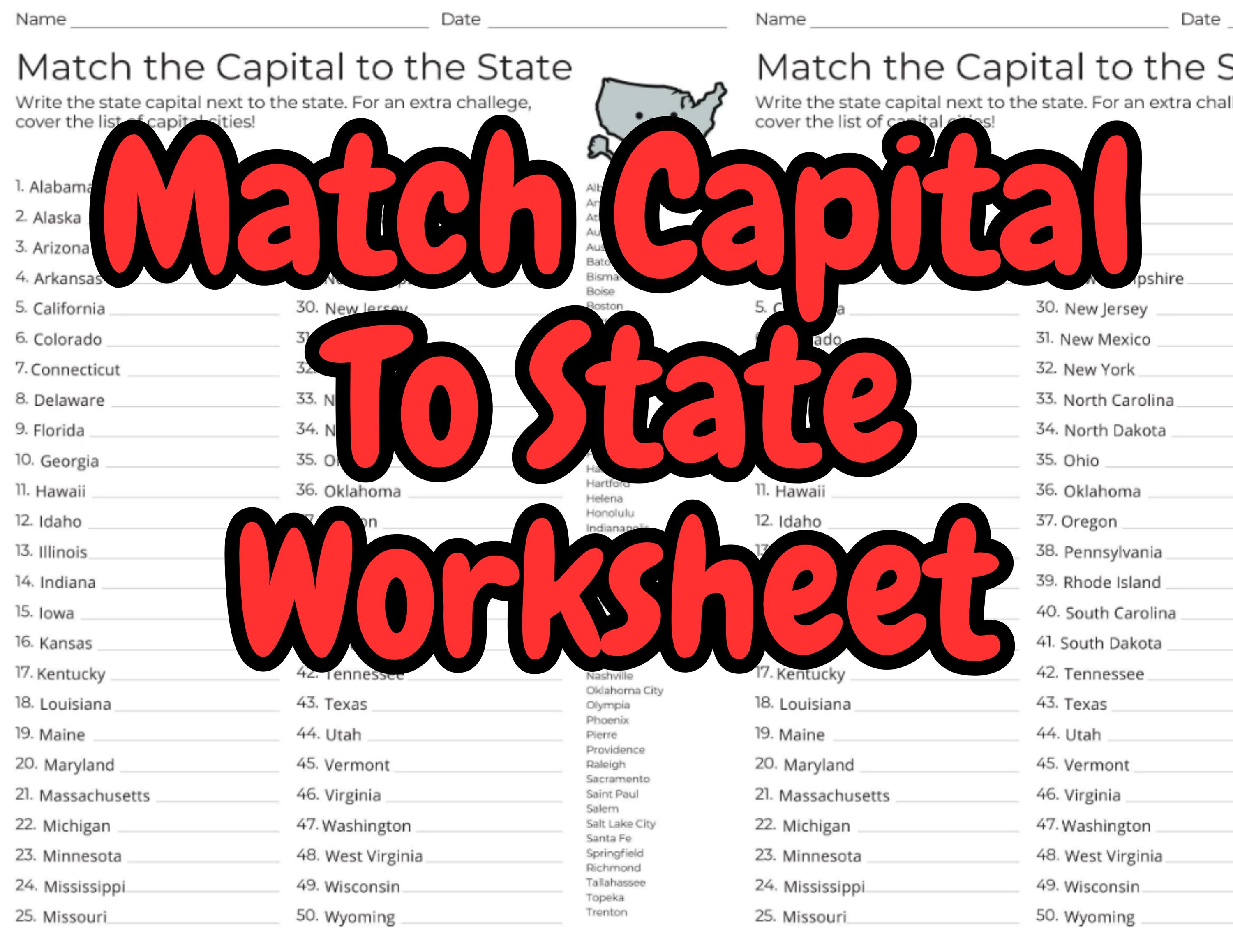 Match Capital to State Map Worksheet School Assignment Printable ...