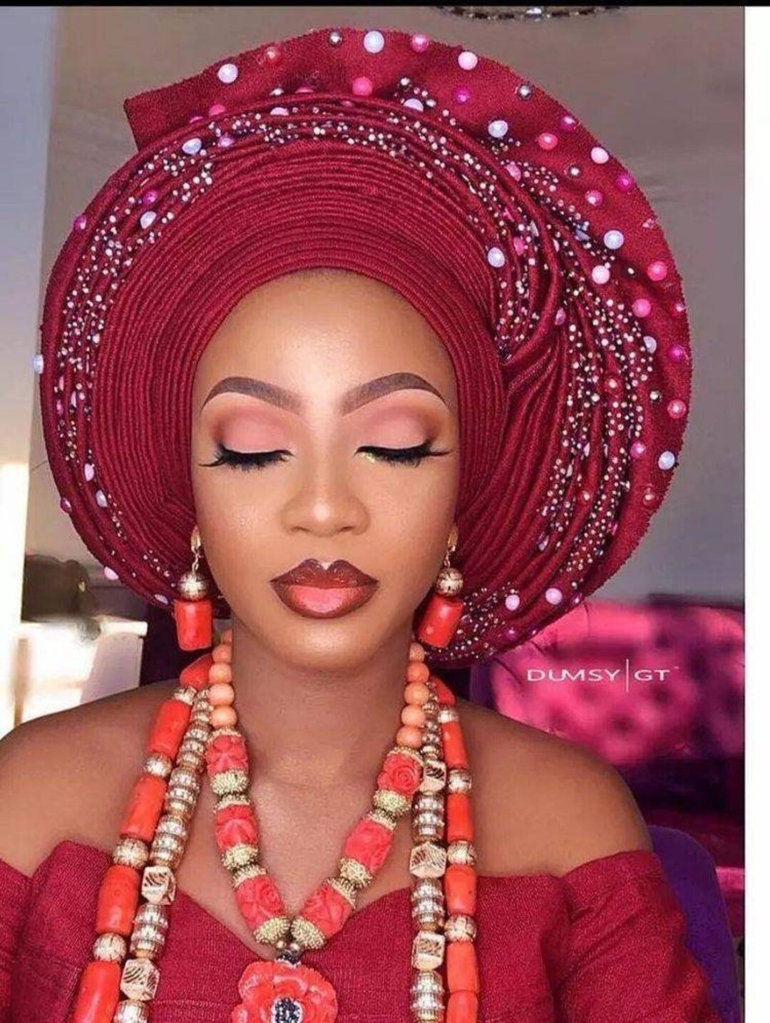 Red Head Wrap, African Gele, Head Tie, Autogele, Pre Wrapped Gele ...