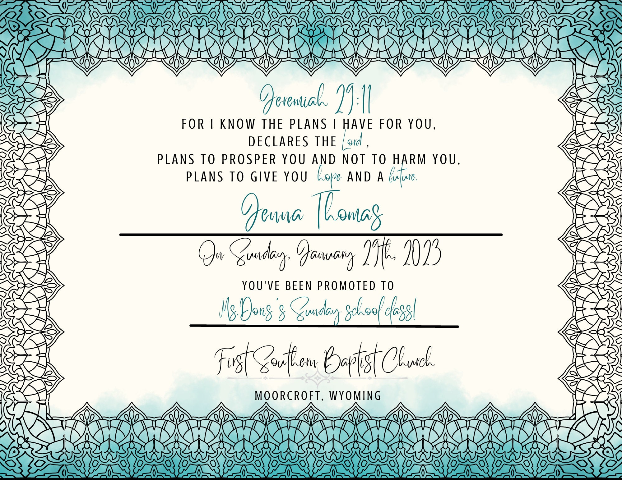 Scalloped Teal Sunday School Promotion Certificate - Etsy