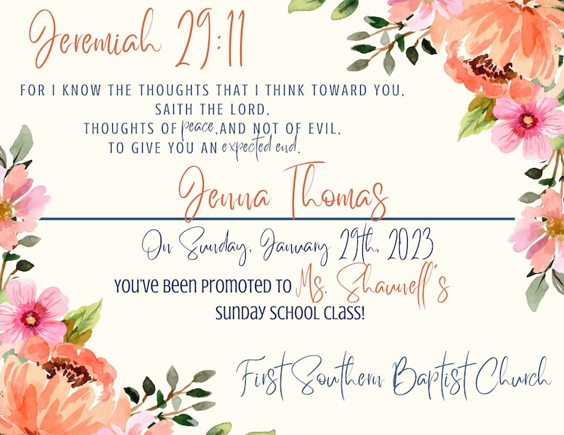 Floral Sunday School Promotion Certificate - Etsy