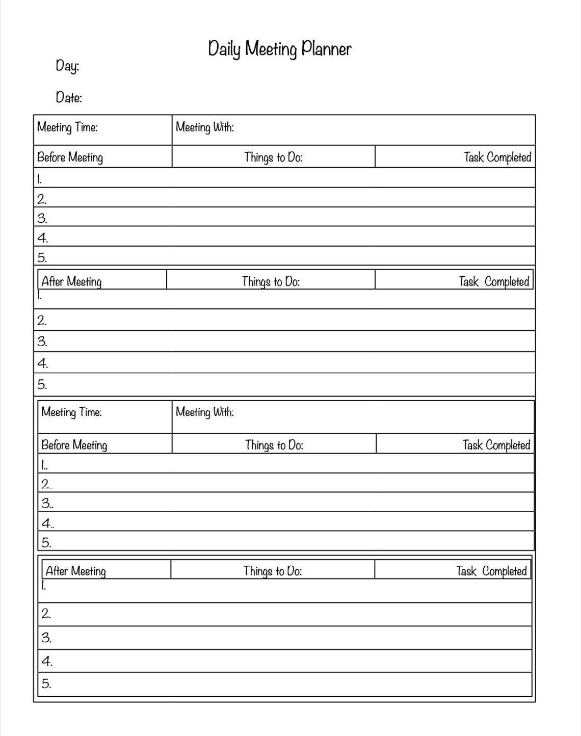 Daily Meeting Planning Worksheet Digital And Editable Within Etsy