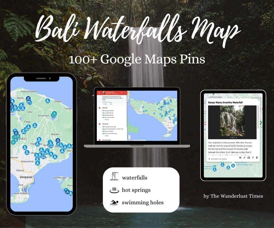 Bali Waterfalls Map Pins, Google Maps, Digital Travel Guide, Travel ...