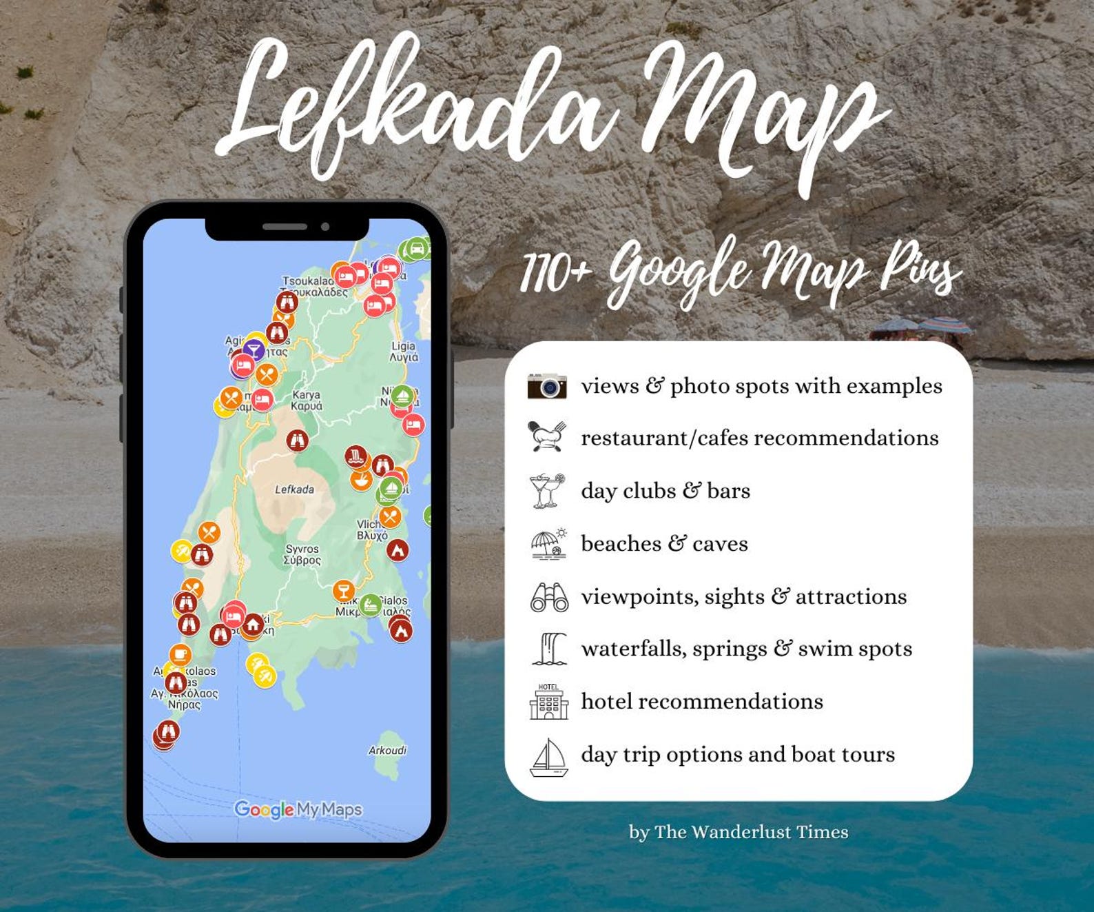 Lefkada Travel Pins, Digital Google Maps, Travel Guide Ebook With ...