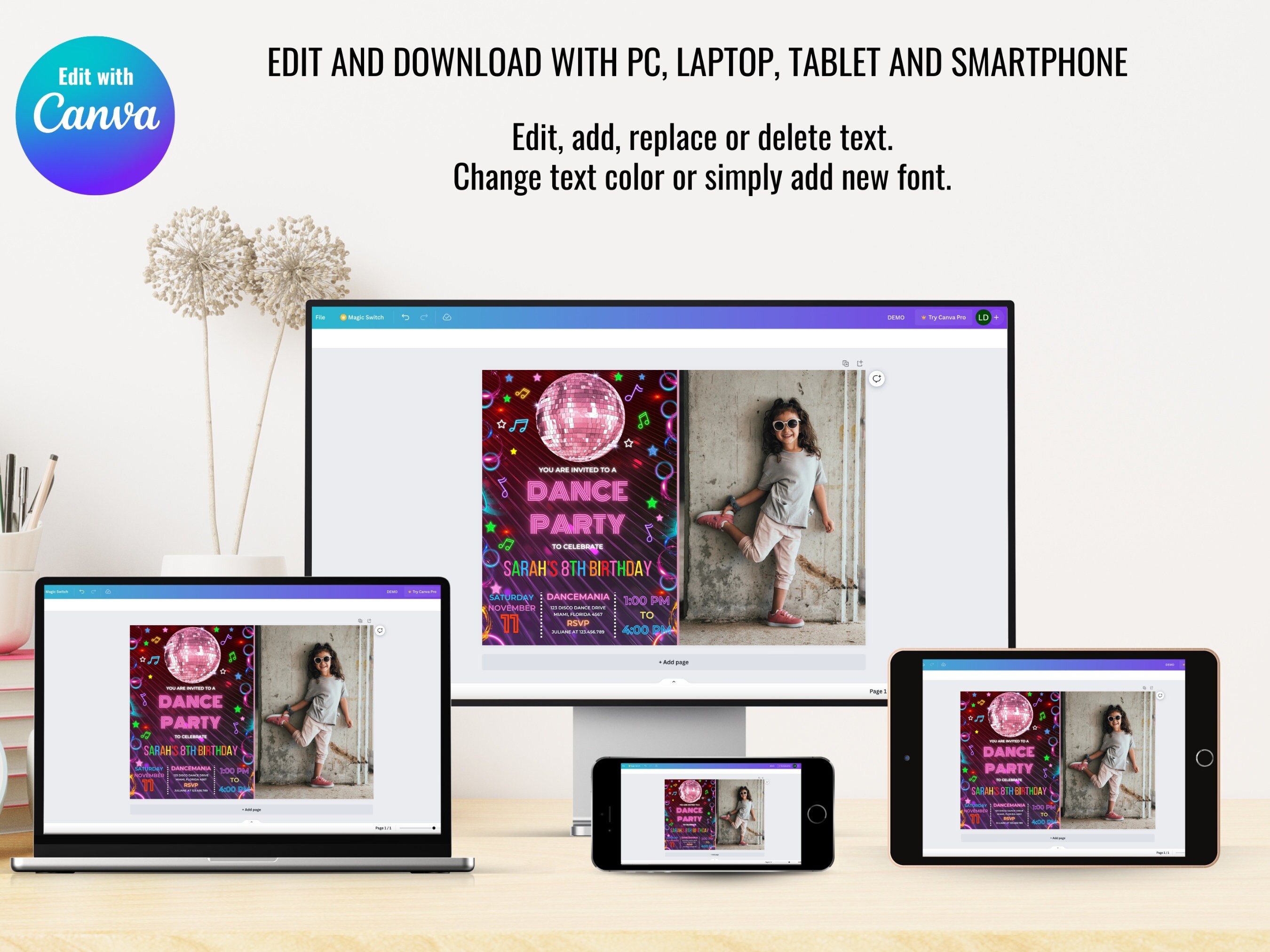 Dance Party Birthday Photo Invitation, Neon Glow Disco Party, Dance ...