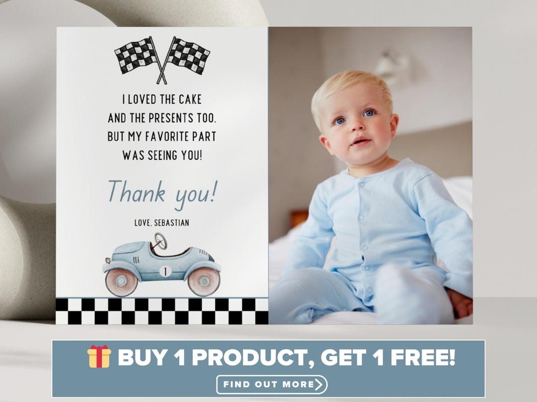 Fast One Birthday Printable Thank You Card, Vintage Race Car Party ...