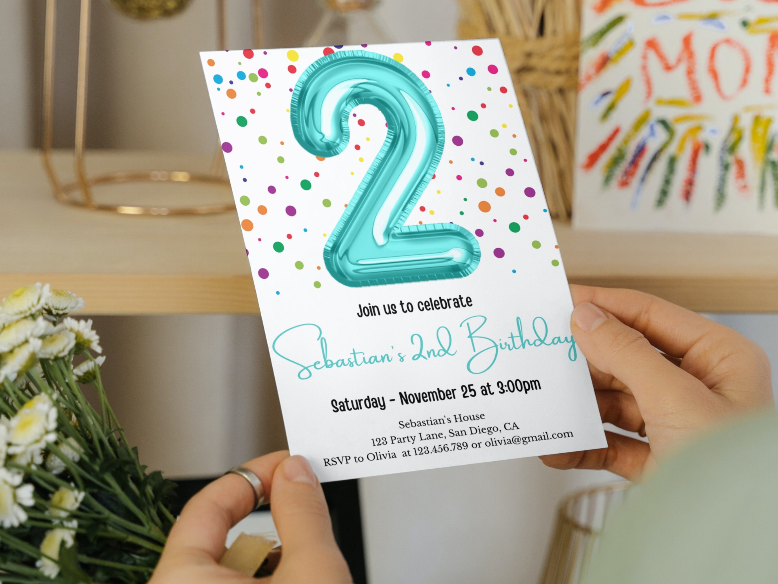 Confetti Birthday Invitation, Rainbow Confetti Invitation, 2nd Birthday ...