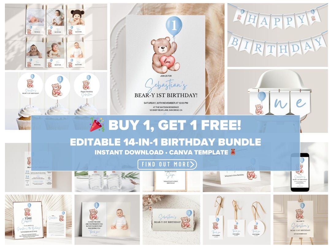 Beary First Birthday Bundle: Teddy Bear 1st Birthday Party | Editable ...