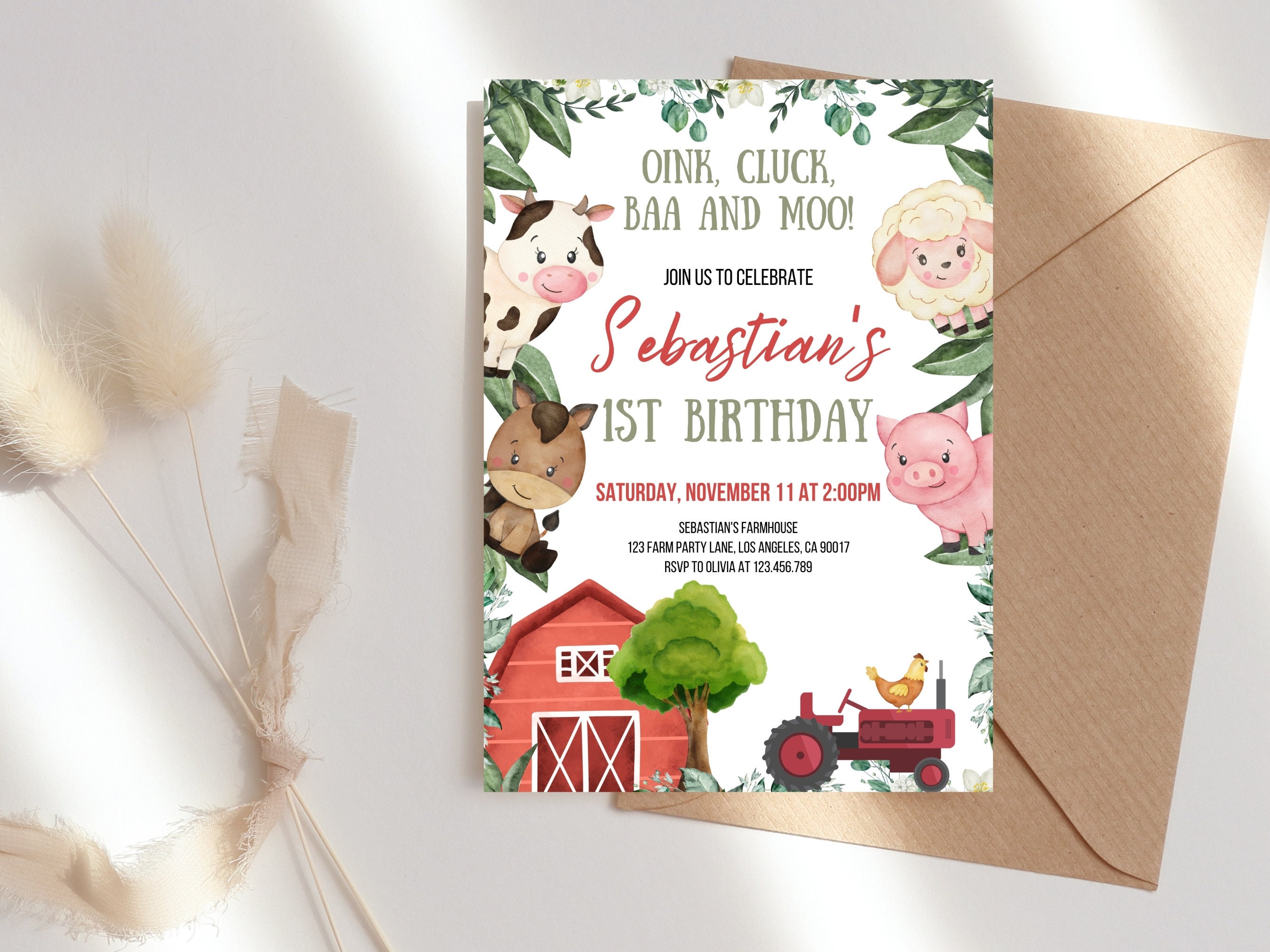 Farm Animals Birthday Invitation: First Birthday Party (digital ...