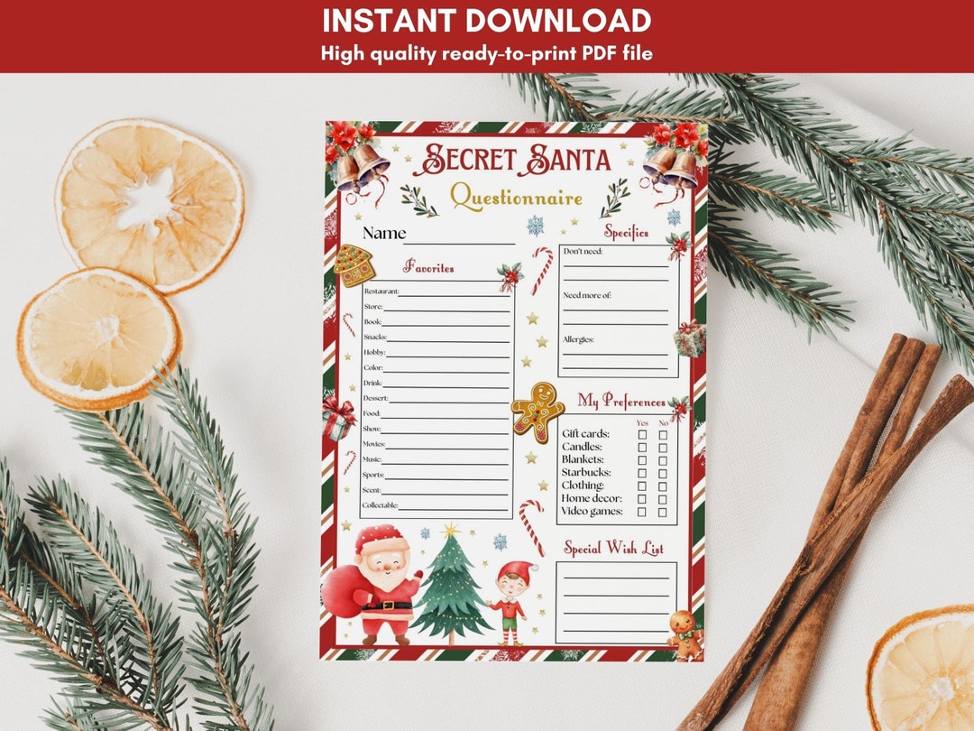 Printable Secret Santa Questionnaire: Christmas Family Reunion Game ...