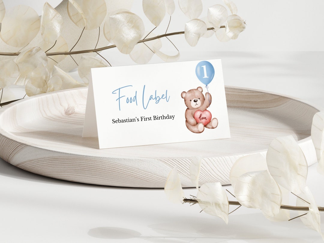 Cute Teddy Bear Birthday Food Tent Cards, Beary First Birthday Seating ...