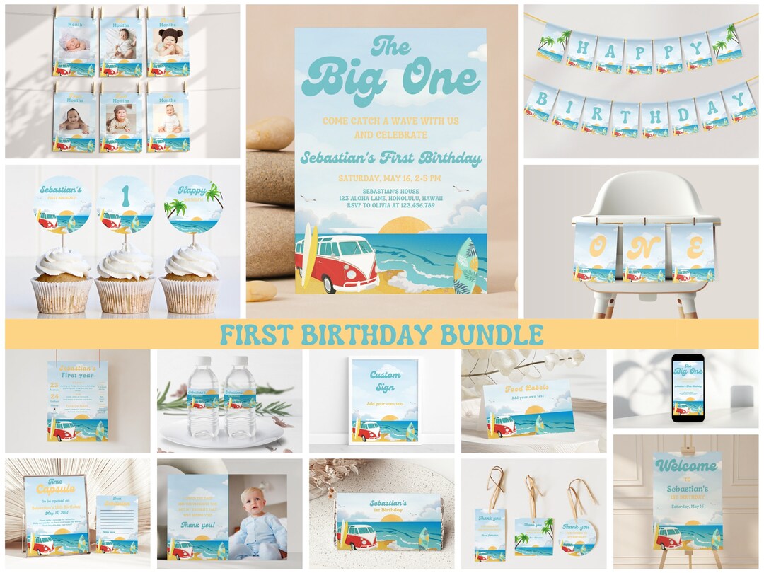 The Big One Birthday Bundle, Surf Decor Party Pack, Beach Party, Beach ...