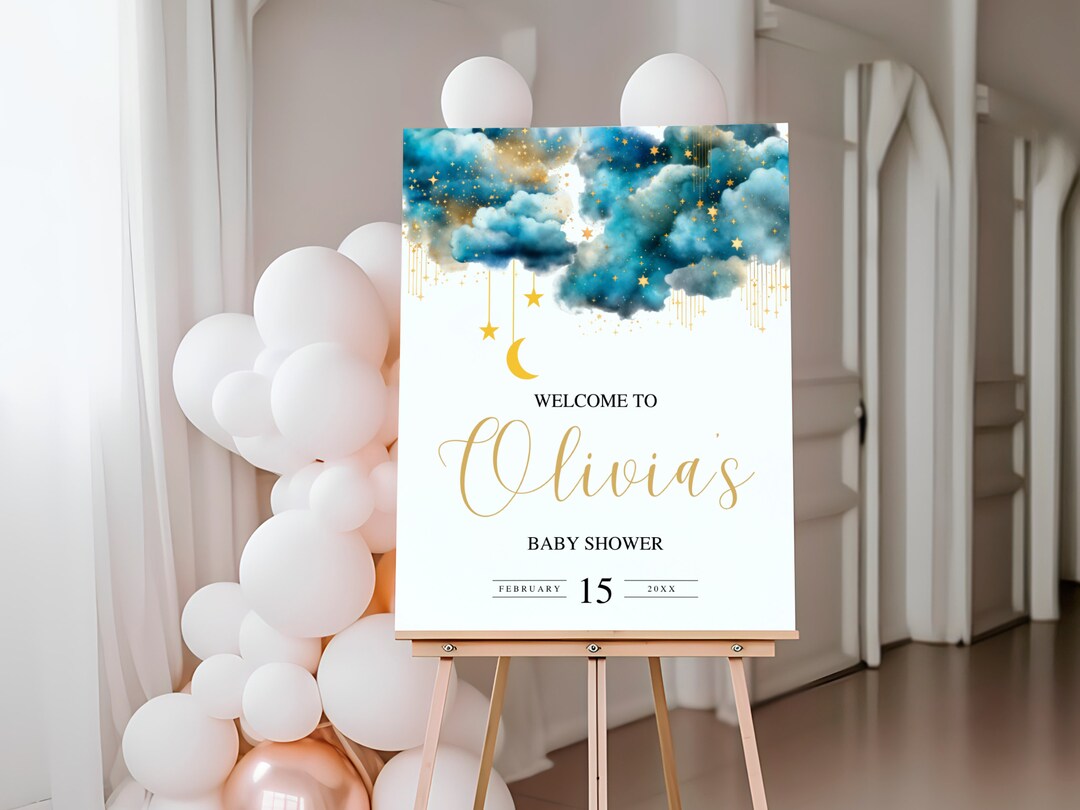 Twinkle Little Star Baby Shower Welcome Sign | Moon and Stars Blue Gold ...