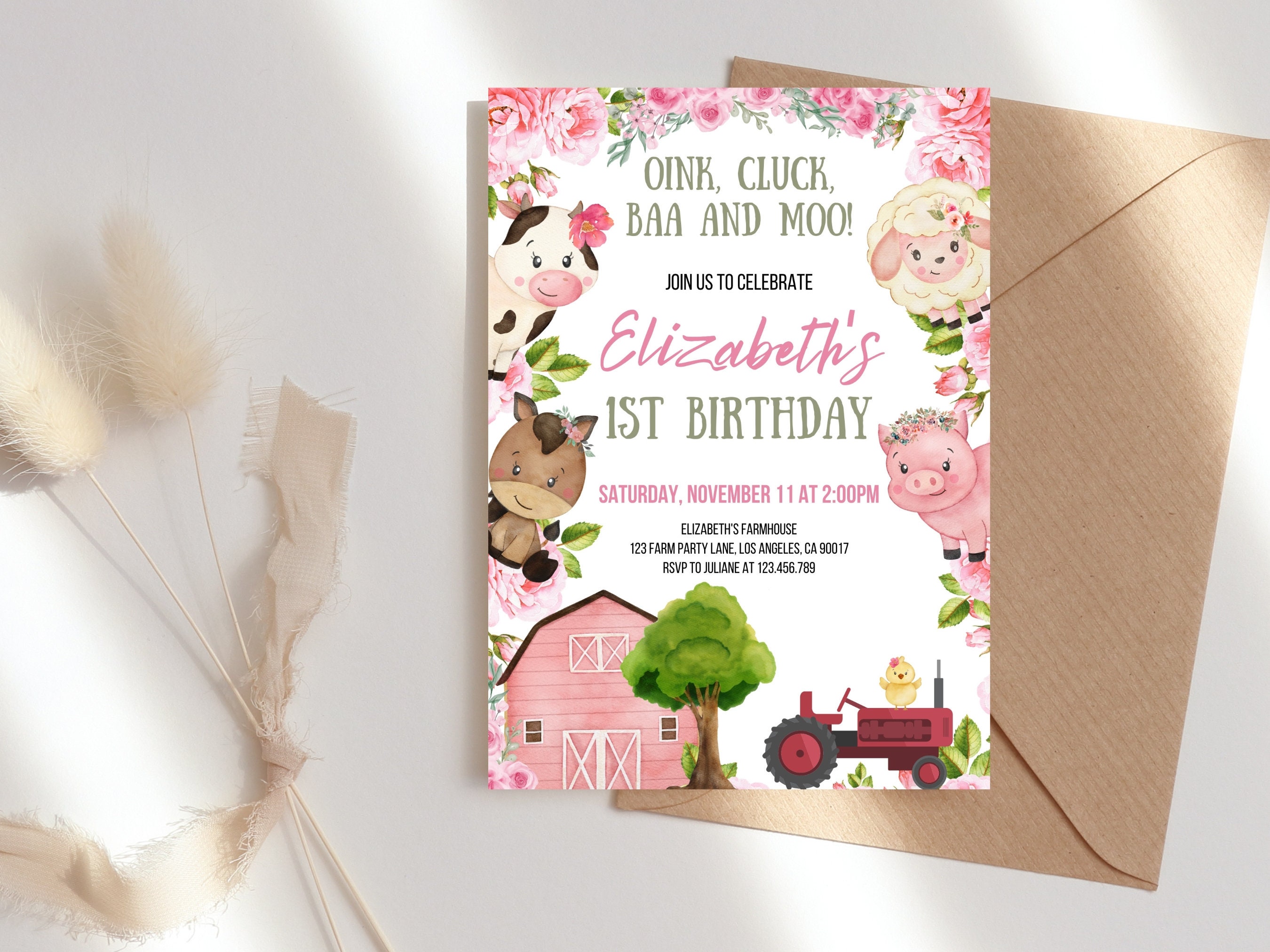 Girl Farm Birthday Invitation, Farm Theme Birthday Invitation, Little ...