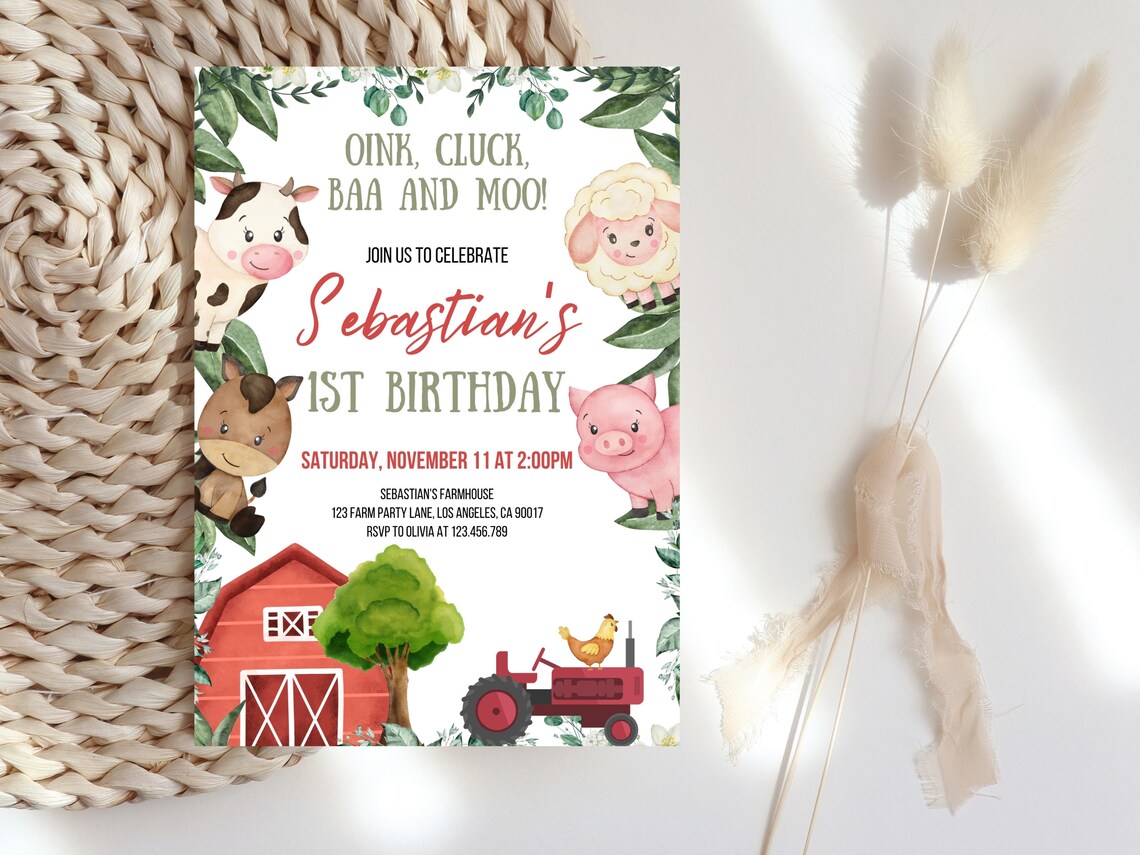 Farm Animals Birthday Invitation: First Birthday Party (digital ...