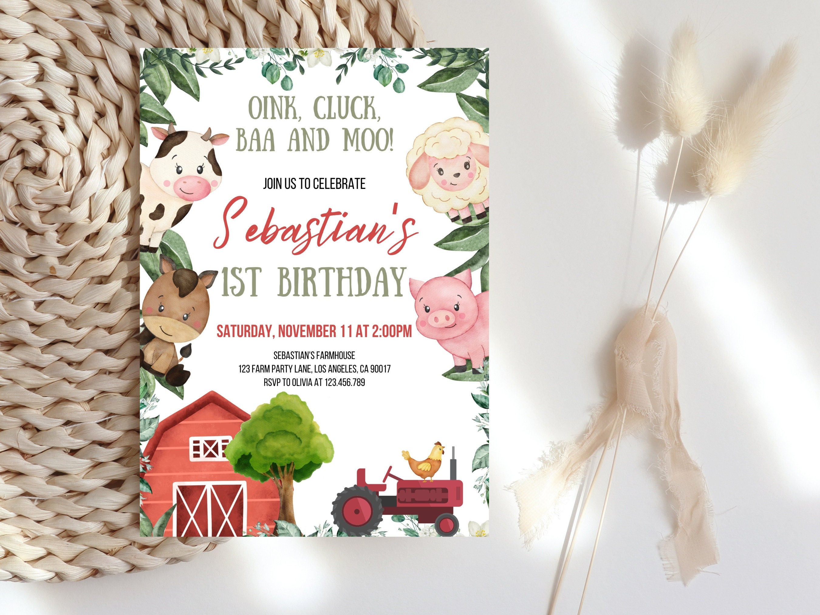 Farm Animals Birthday Invitation: First Birthday Party (digital ...