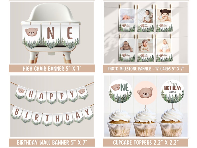 Bear Birthday Decorations Bundle Beary 1st Birthday Woodland - Etsy