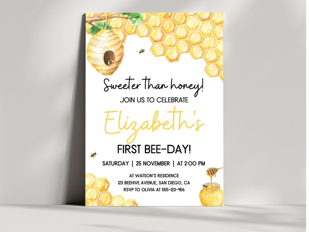 First Bee Day Invitation, Bee Invitation, Bee Birthday Card, Bumble Bee ...