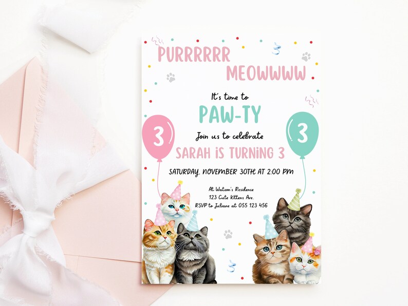 Cat Birthday Party Invitation, Kitten Invitation, Cat Themed Birthday ...