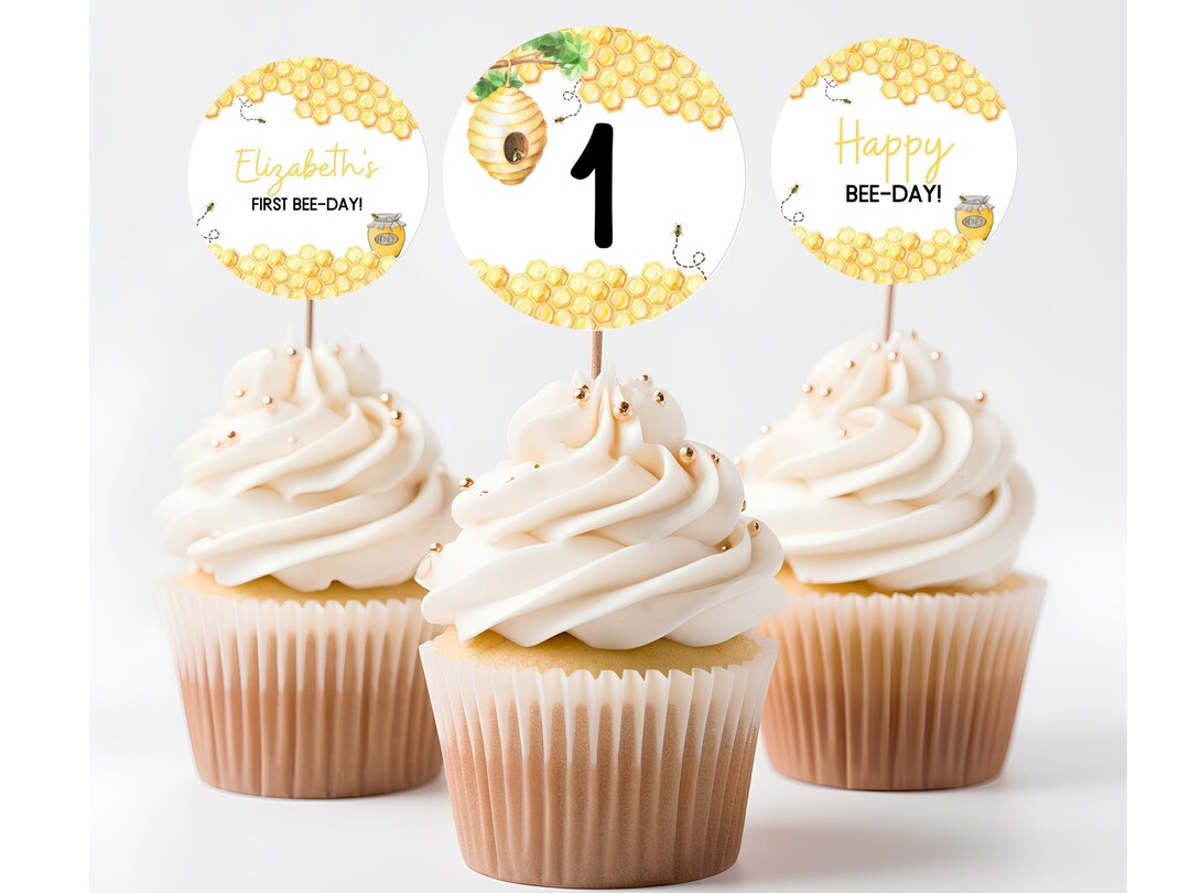 First Bee Day Happy Birthday Cupcake Toppers | Bumble Bee Birthday Cake ...