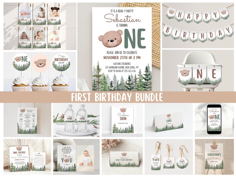 Bear Birthday Decorations Bundle Beary 1st Birthday Woodland - Etsy