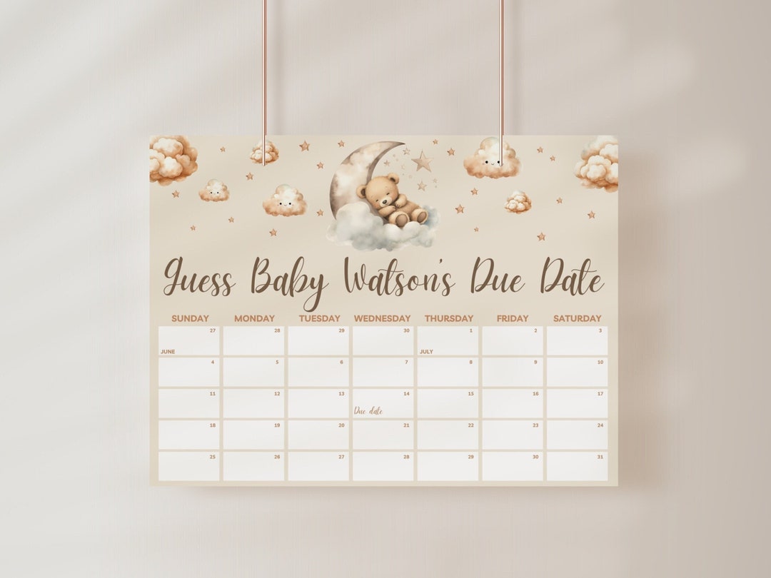 Sleeping Teddy Bear Baby Shower Due Date Calendar | Over the Moon Beige ...