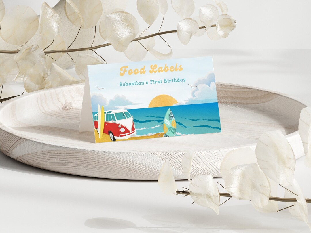 Surf Birthday Food Tent Cards | Beach Party Table Labels | Surfboard ...
