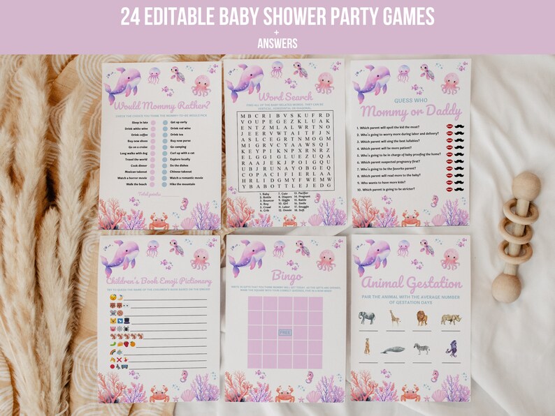 Under the Sea Baby Shower Games Bundle | Pink Girl Baby Shower Bingo ...