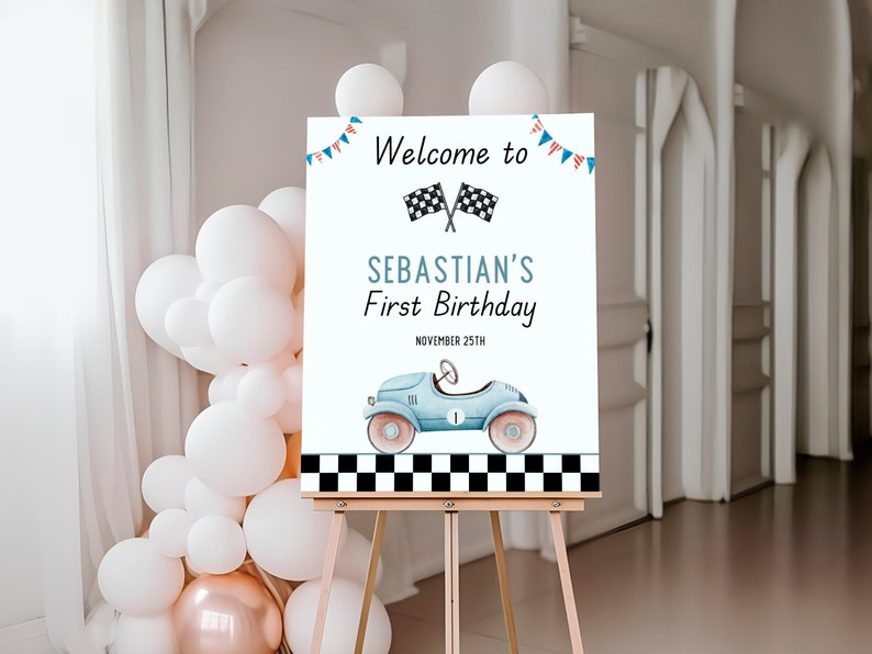 Fast One Birthday Welcome Sign, Vintage Race Car Party Birthday Sign ...