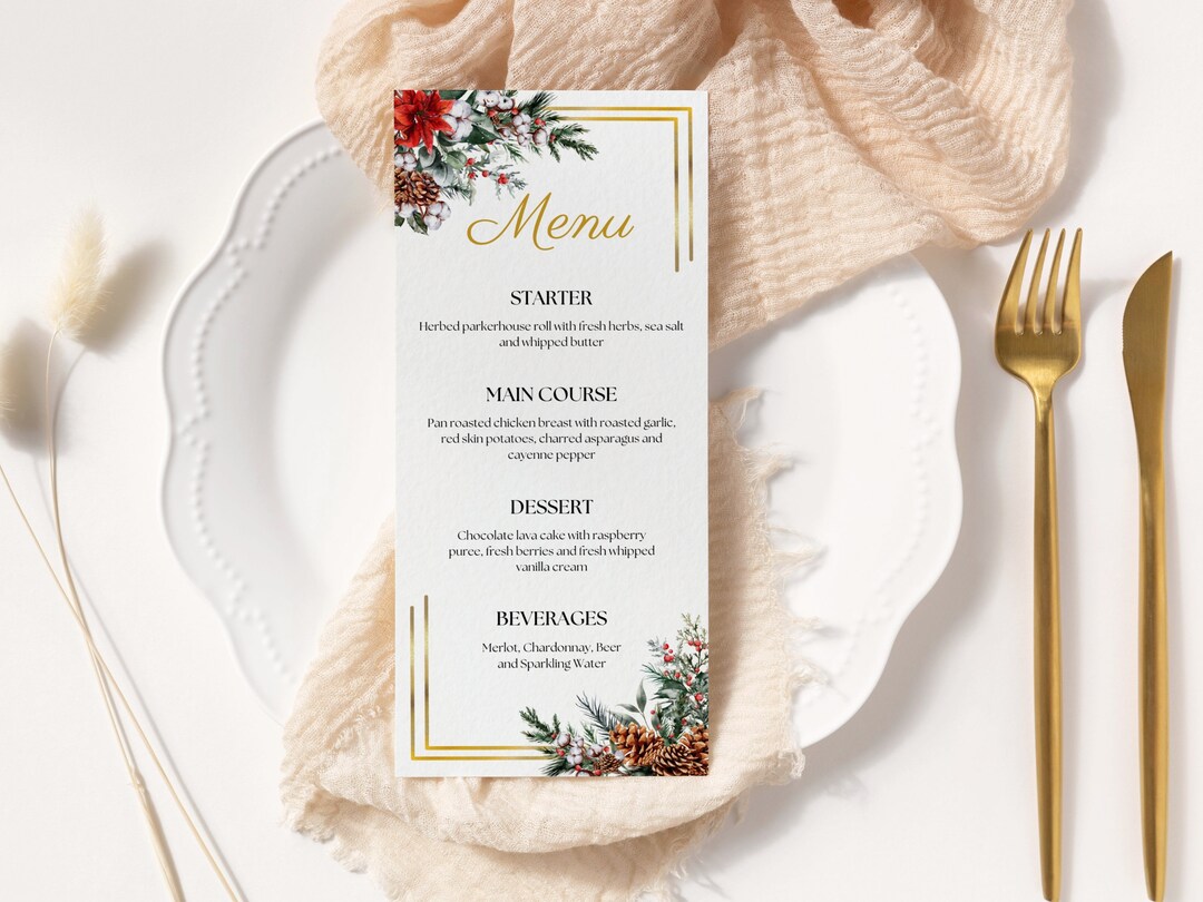 Holiday Dinner Party Printable Menu Cards - Festive Xmas Decor, Golden ...
