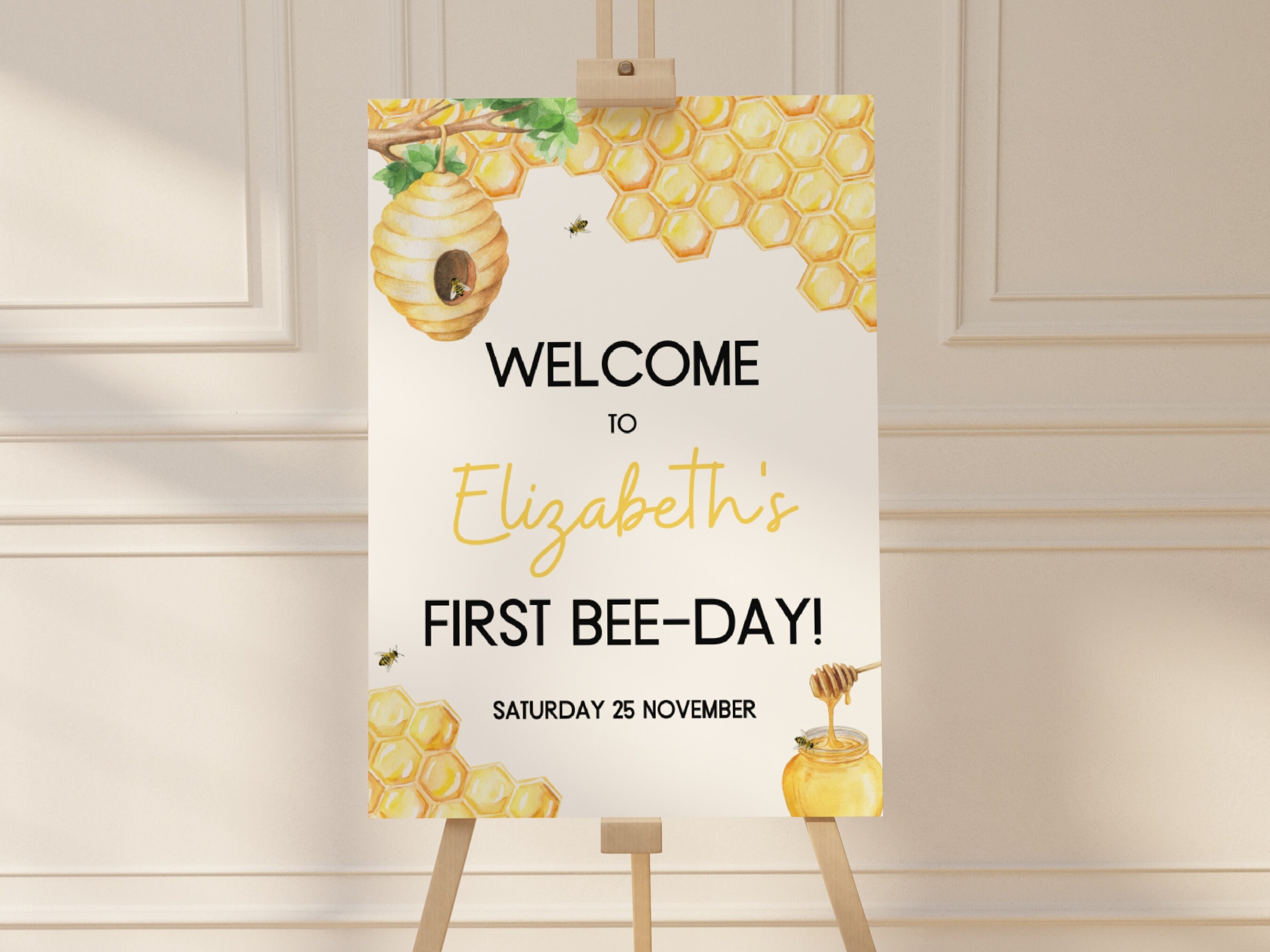 First Bee Day Birthday Welcome Sign, Bumble Bee Birthday Welcome Poster ...