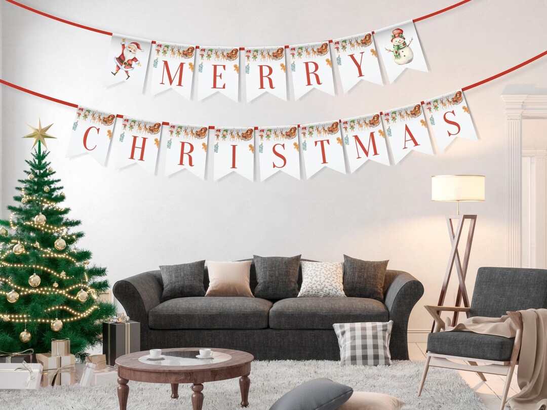 Printable Merry Christmas Banner, Festive Holiday Party Decorations ...
